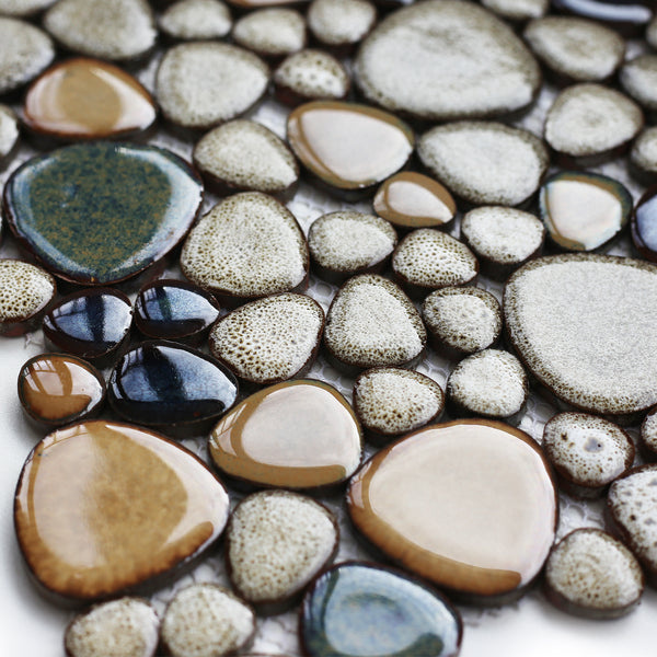 Pebble Stone Mosaic Tiles, Beige Tan Brown Ceramic Mosaic Sheets Mesh ...